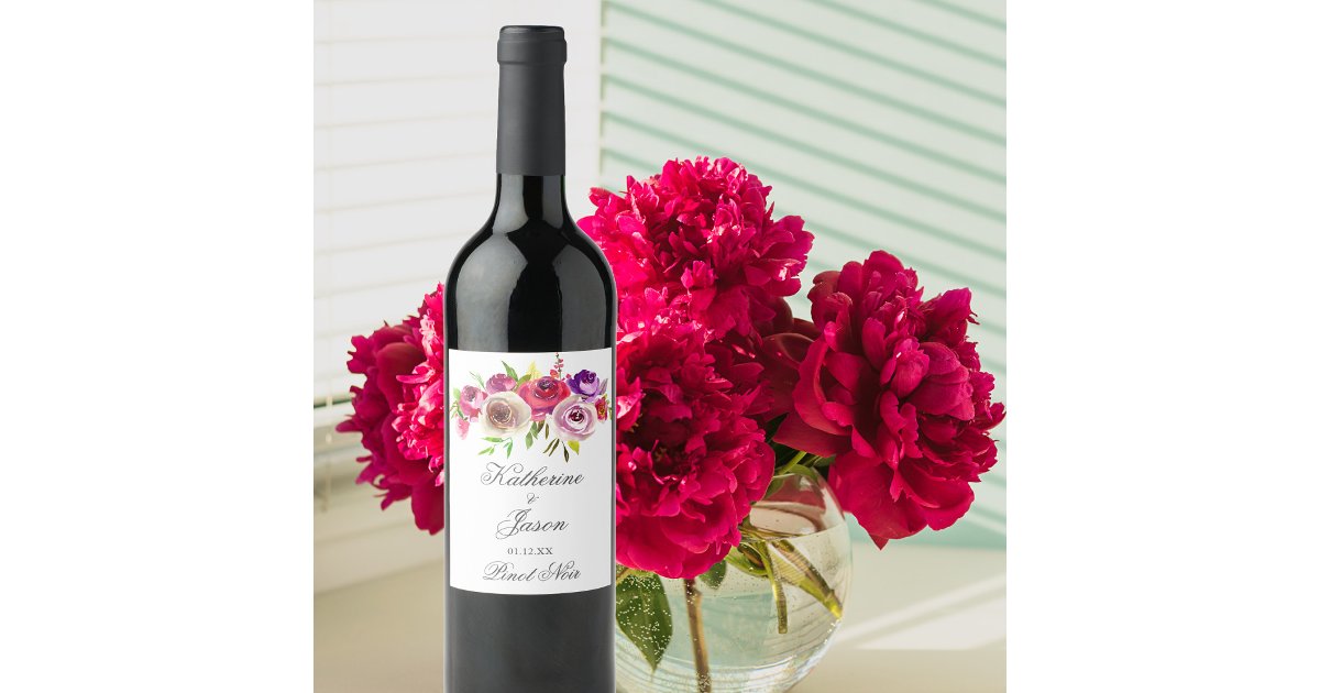 Bright Fuchsia Pink Floral Romantic Garden Wedding Wine Label | Zazzle