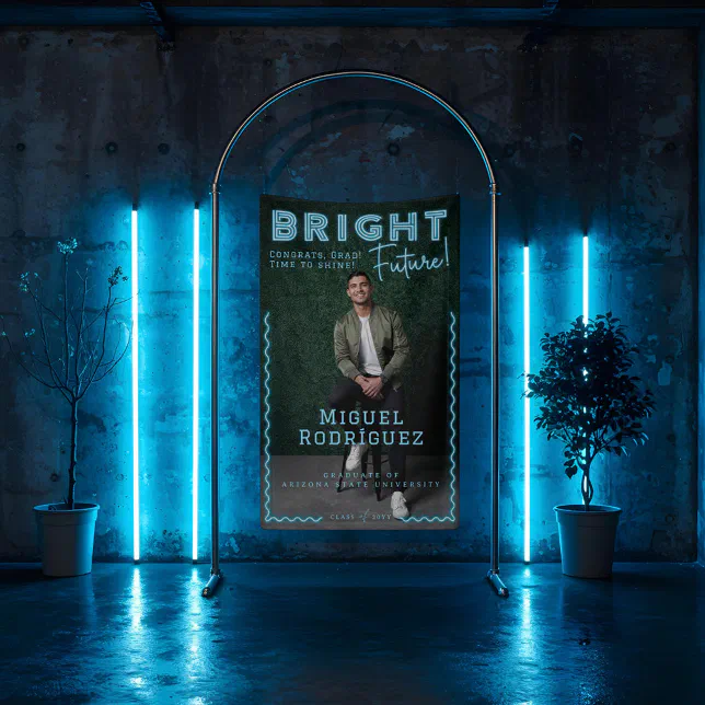 Bright Future Blue Neon Grad Photo Graduation Banner | Zazzle