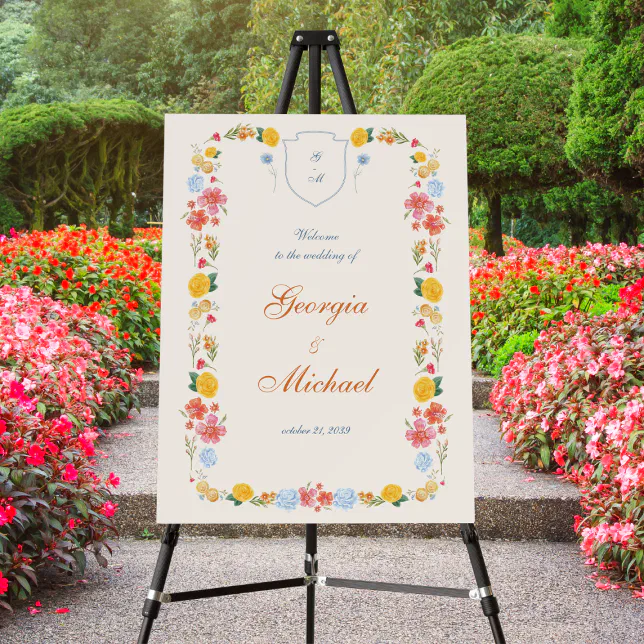 Bright Garden Crest Monogram Wedding Welcome Sign | Zazzle