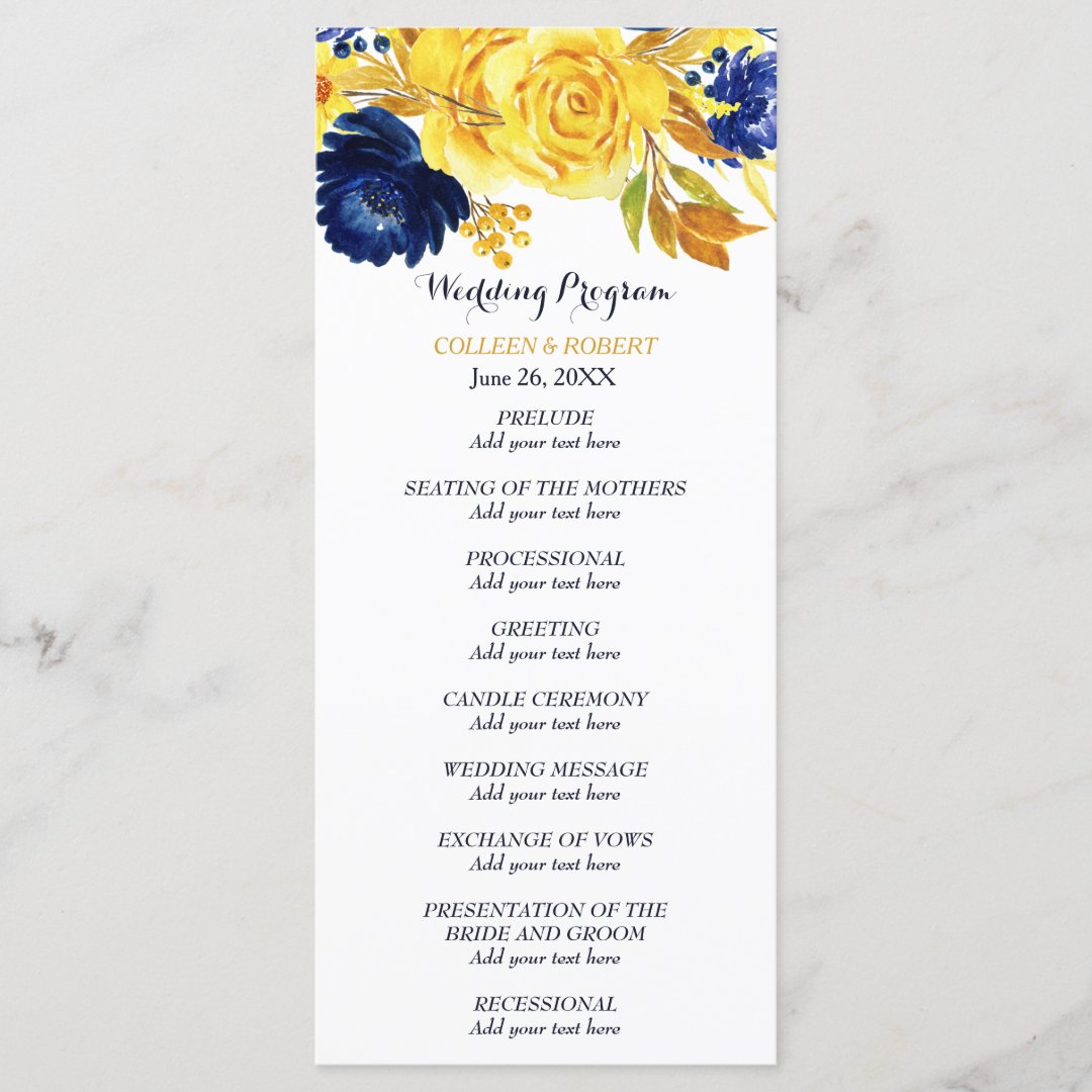 Bright Gold Navy Blue Floral Wedding Program | Zazzle