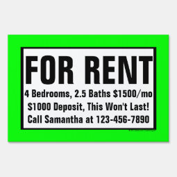 Bright Green Custom Printed For Rent Sign | Zazzle