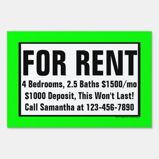 Bright Green Custom Printed For Rent Sign | Zazzle