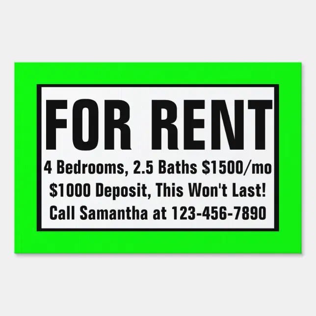 Bright Green Custom Printed For Rent Sign | Zazzle