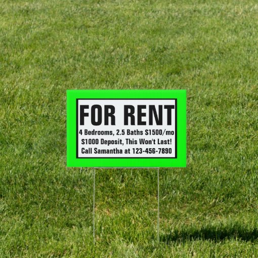 Bright Green Custom Printed For Rent Sign | Zazzle