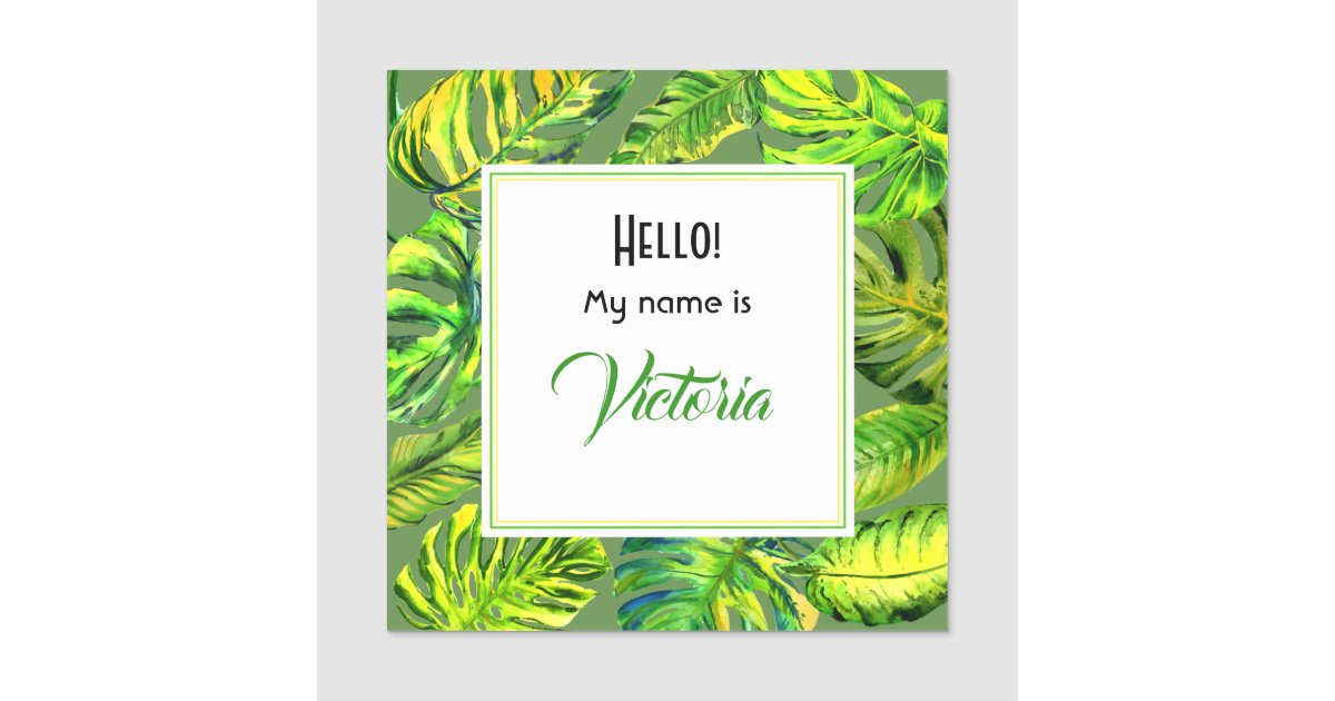 Bright Green Watercolor Palm Leaves Large Square Name Tag | Zazzle