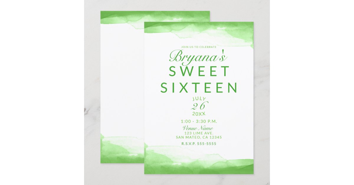 Bright Lime Green Watercolor Chic Sweet 16 Party Invitation | Zazzle