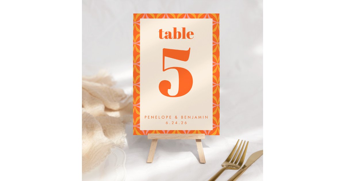 Bright Modern Orange Retro Geometric Custom Table Number | Zazzle