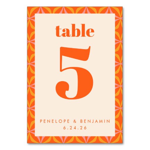 Bright Modern Orange Retro Geometric Custom Table Number | Zazzle