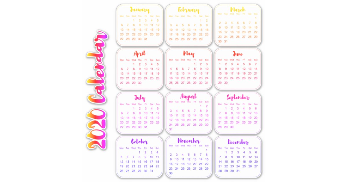 Bright Multicolored 2020 Planner Mini Calendars Sticker | Zazzle