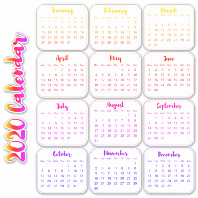 Bright Multicolored 2020 Planner Mini Calendars Sticker | Zazzle