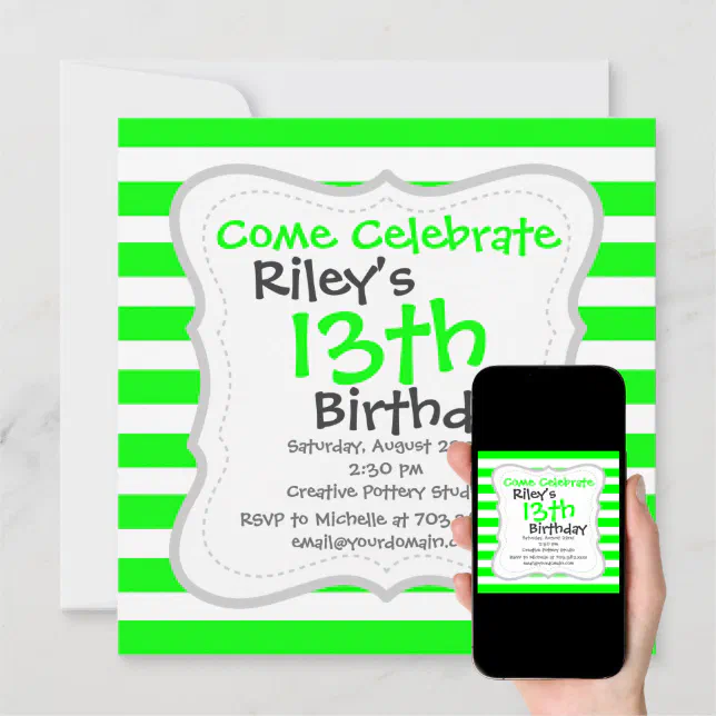 Bright Neon Lime Green and White Stripes Pattern Invitation | Zazzle