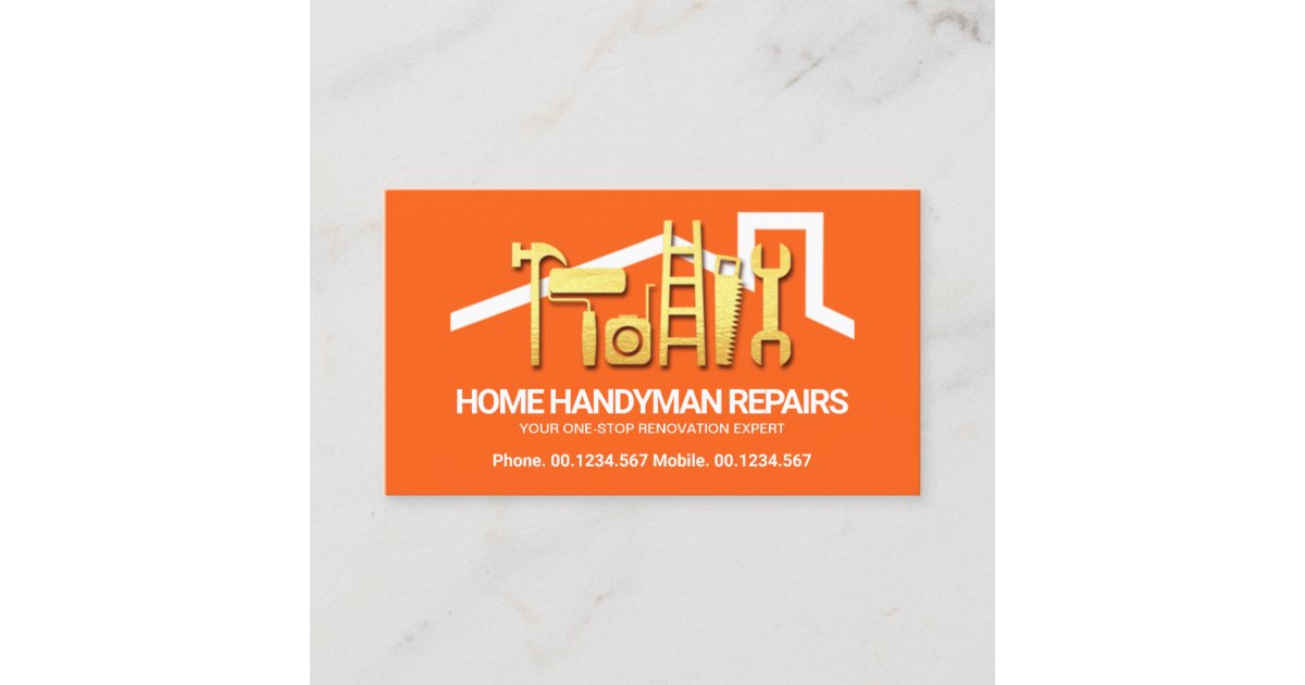 Bright Orange Gold Handyman Tools Rooftop Business Card | Zazzle