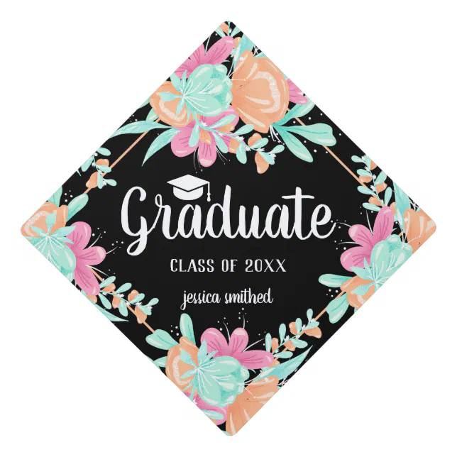 Bright orange pink flowers teal script graduate graduation cap topper ...