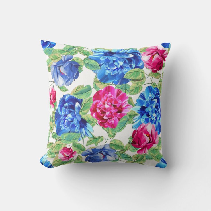 Bright Pink and Blue Floral Pretty Pattern Throw P Throw Pillow | Zazzle