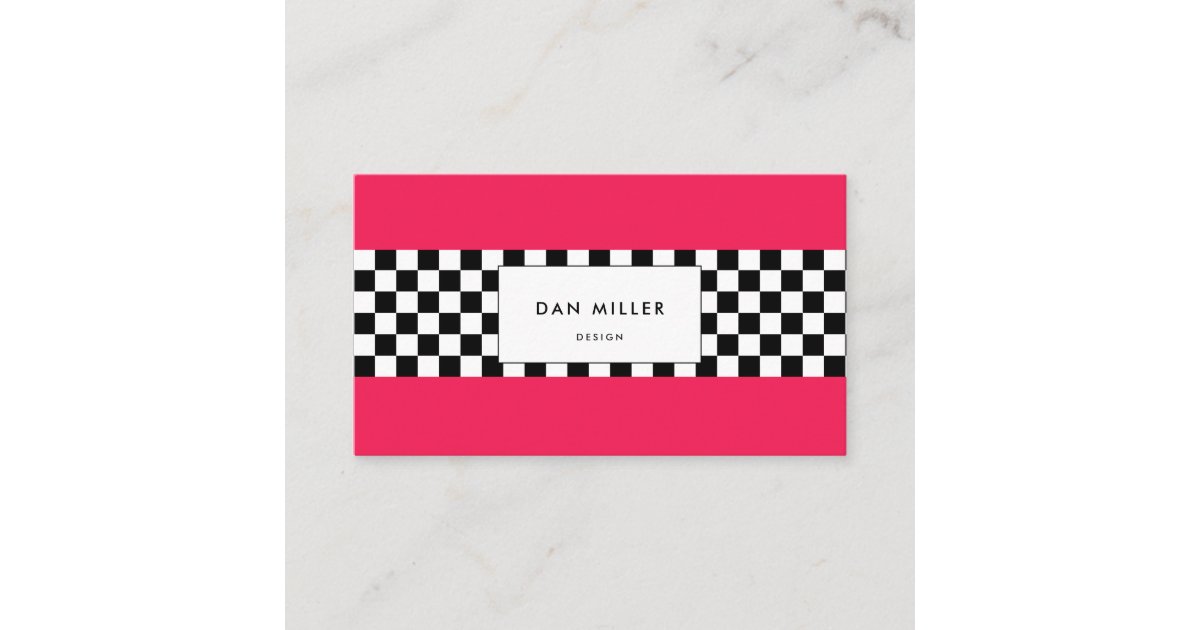 Bright pink and checkerboard business card | Zazzle