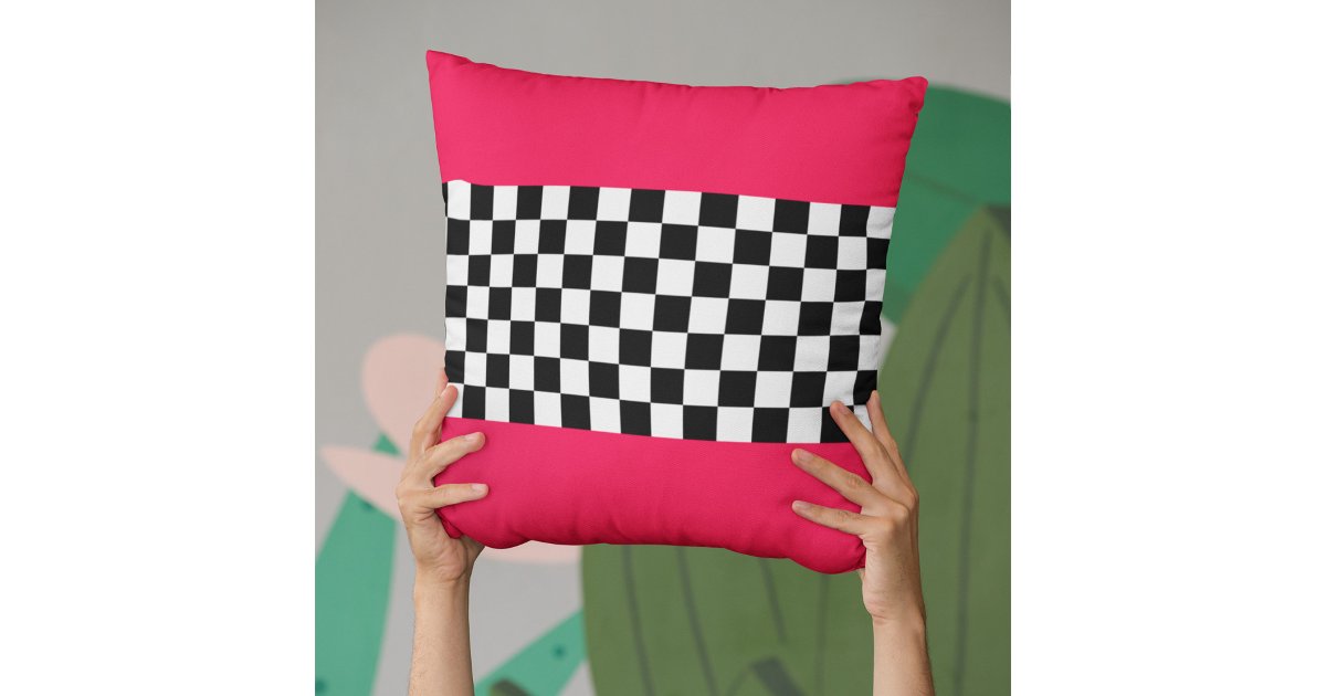 Bright pink and checkerboard throw pillow | Zazzle