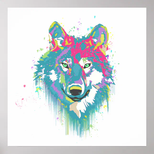 Bright Pink Blue Neon Watercolors Splatters Wolf Poster | Zazzle