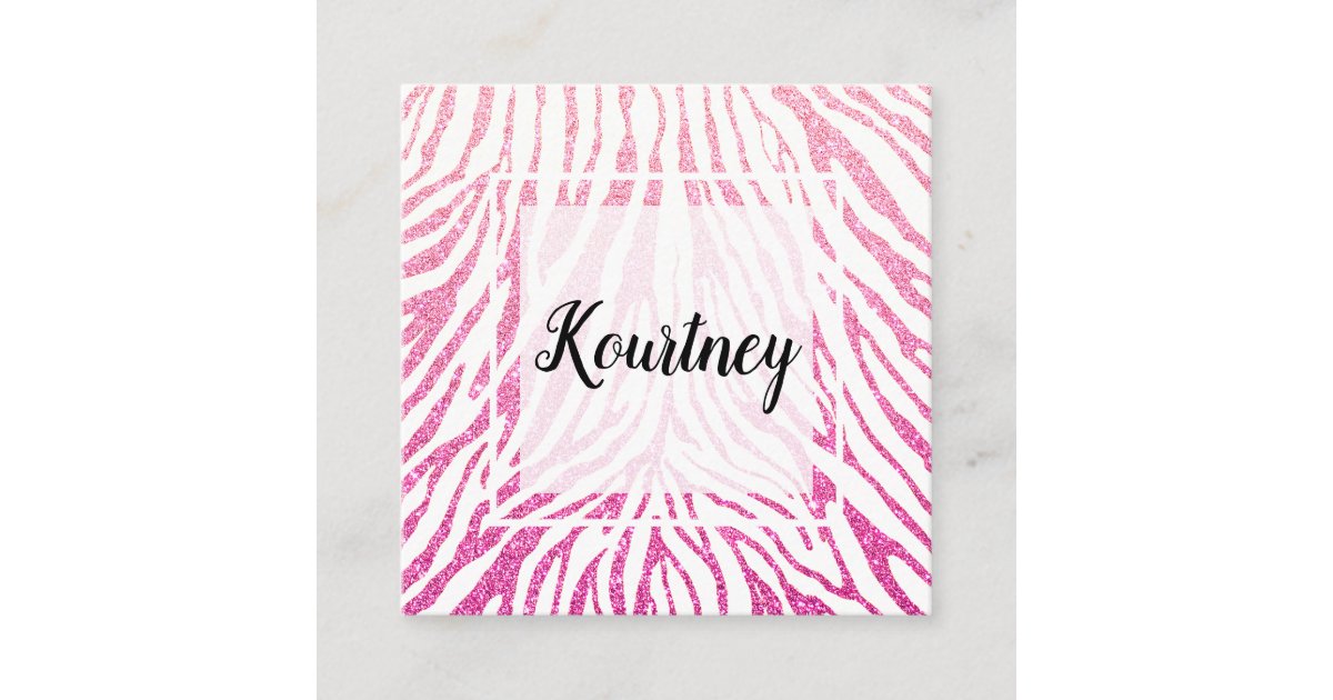 Bright Pink Faux Glitter Zebra Pattern White Frame Square Business Card ...