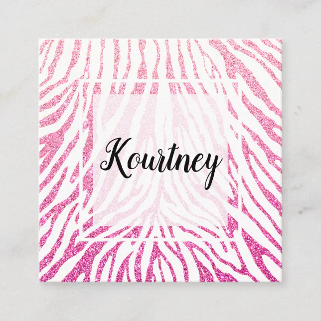 Bright Pink Faux Glitter Zebra Pattern White Frame Square Business Card ...