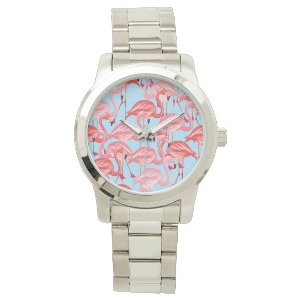 Bright Pink Flamingos On Blue Fabric | Zazzle