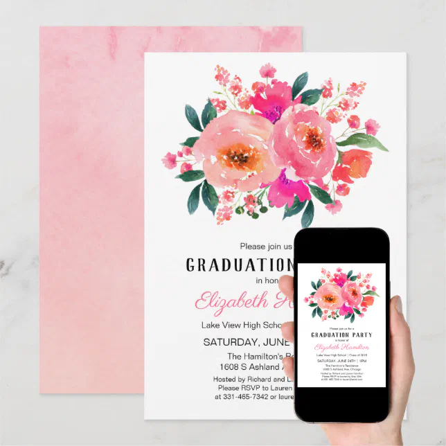 Bright Pink Floral Bouquet Graduation Party Invitation | Zazzle