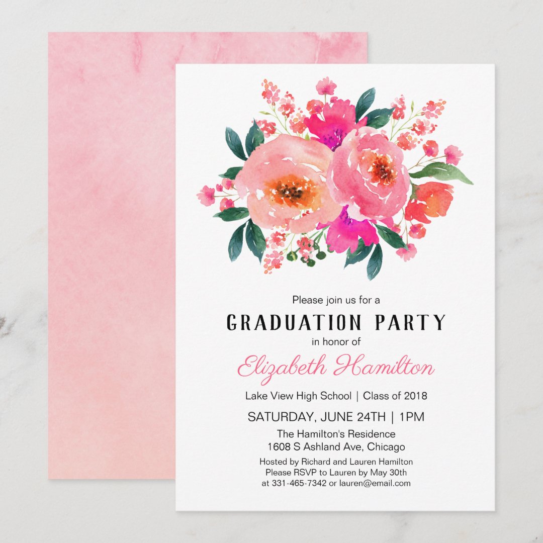 Bright Pink Floral Bouquet Graduation Party Invitation | Zazzle