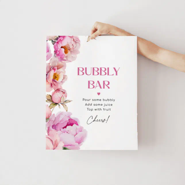 Bright pink floral peony bridal bubbly bar poster | Zazzle