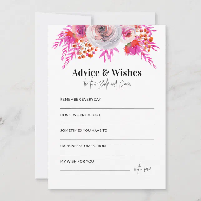 Bright Pink Floral Wedding Shower Advice Card | Zazzle