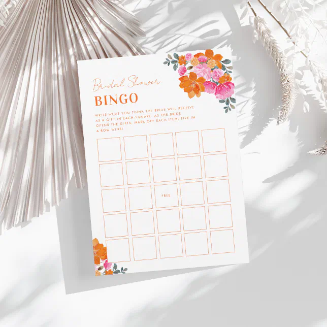 Bright Pink Orange Floral Bridal Shower Bingo Game Invitation | Zazzle