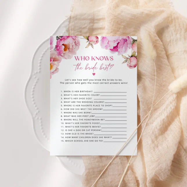 Bright pink peony Who knows the bride best card | Zazzle