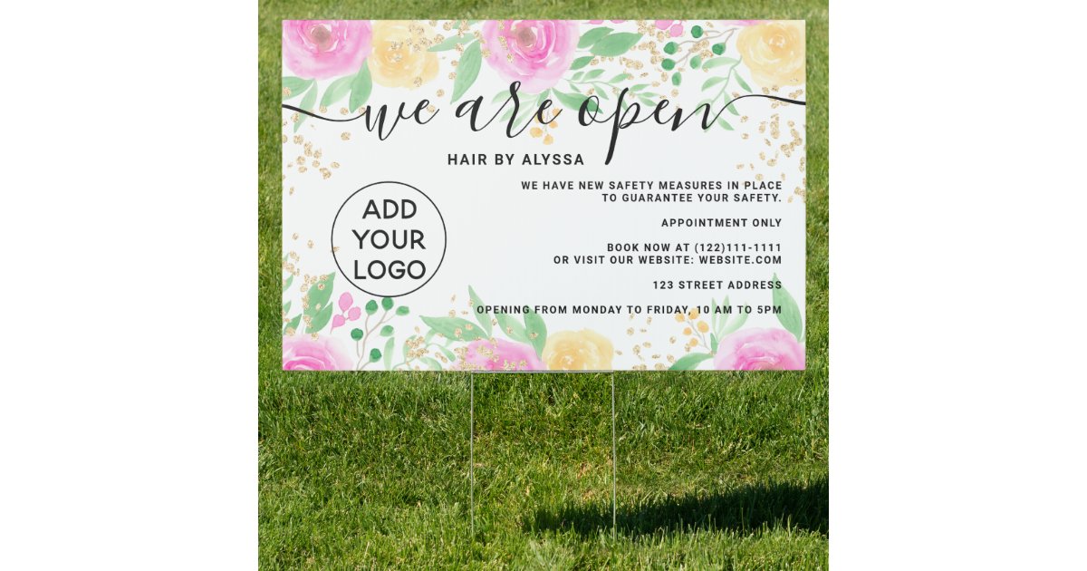 Bright pink roses floral gold glitter We're open Sign | Zazzle