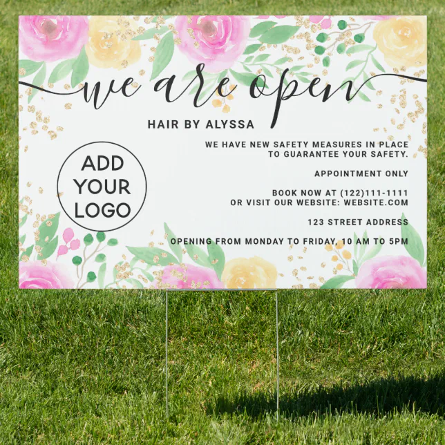 Bright pink roses floral gold glitter We're open Sign | Zazzle