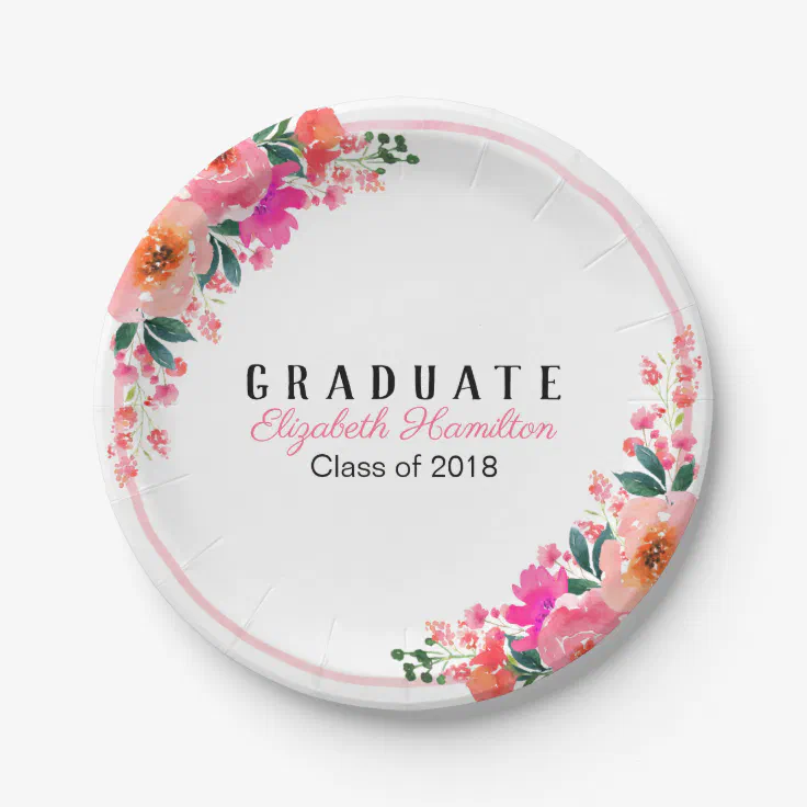 Bright Pink Watercolor Floral Graduation Party Paper Plates | Zazzle