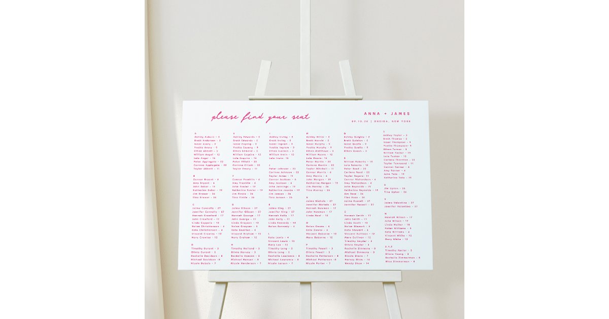 Bright Pink Wedding Alphabetical Seating Chart Foam Board | Zazzle