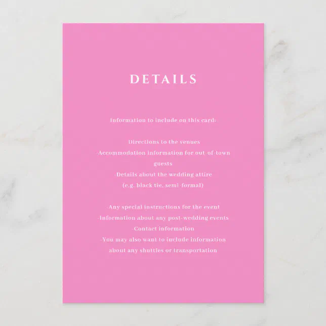 Bright Pink Wedding Details Enclosure Card | Zazzle