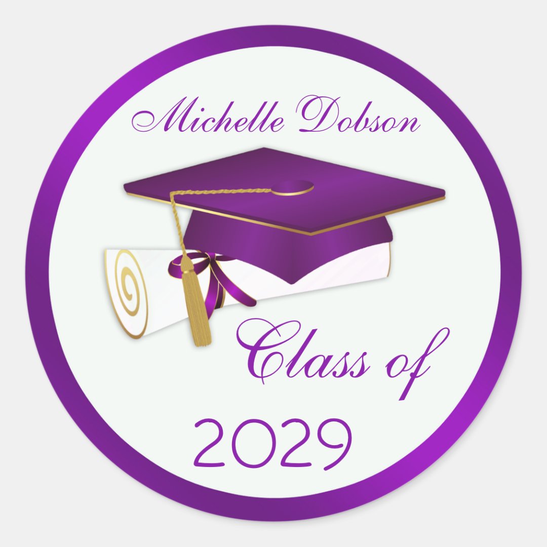 Bright purple mortar, diploma Graduation Classic Round Sticker | Zazzle