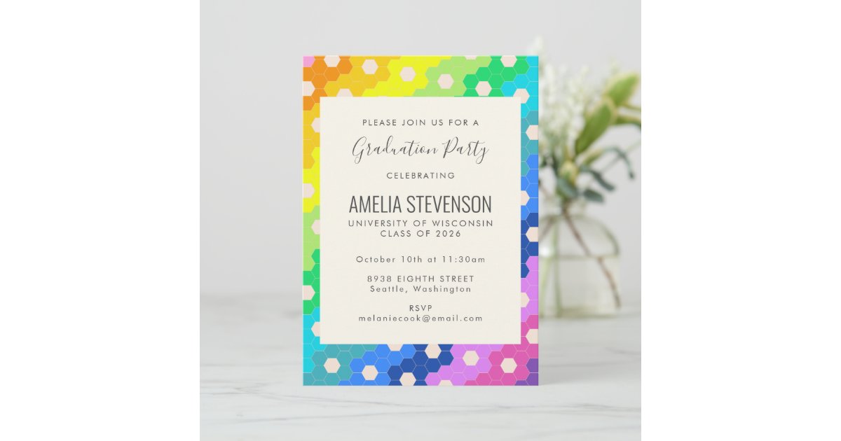 Bright Rainbow Hexagons Modern Graduation Party Invitation | Zazzle