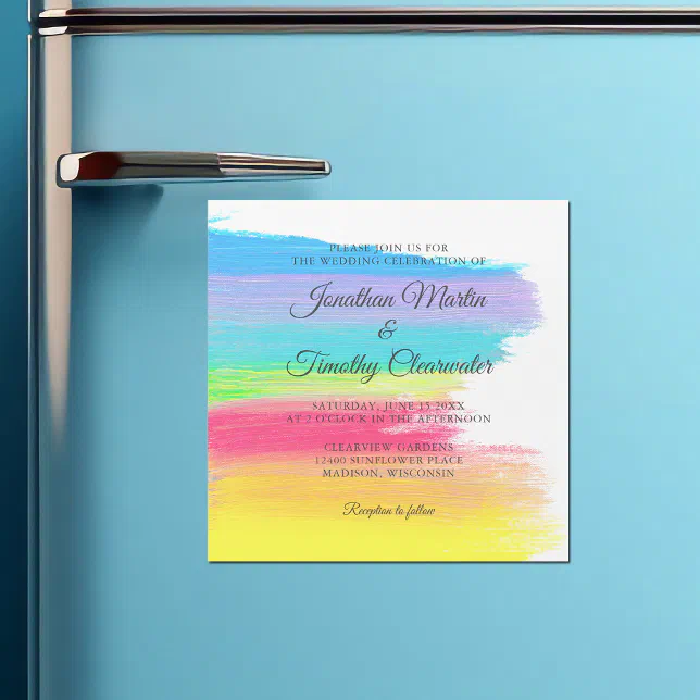 Bright Rainbow Modern LGBTQ Cheerful Gay Wedding Magnetic Invitation ...