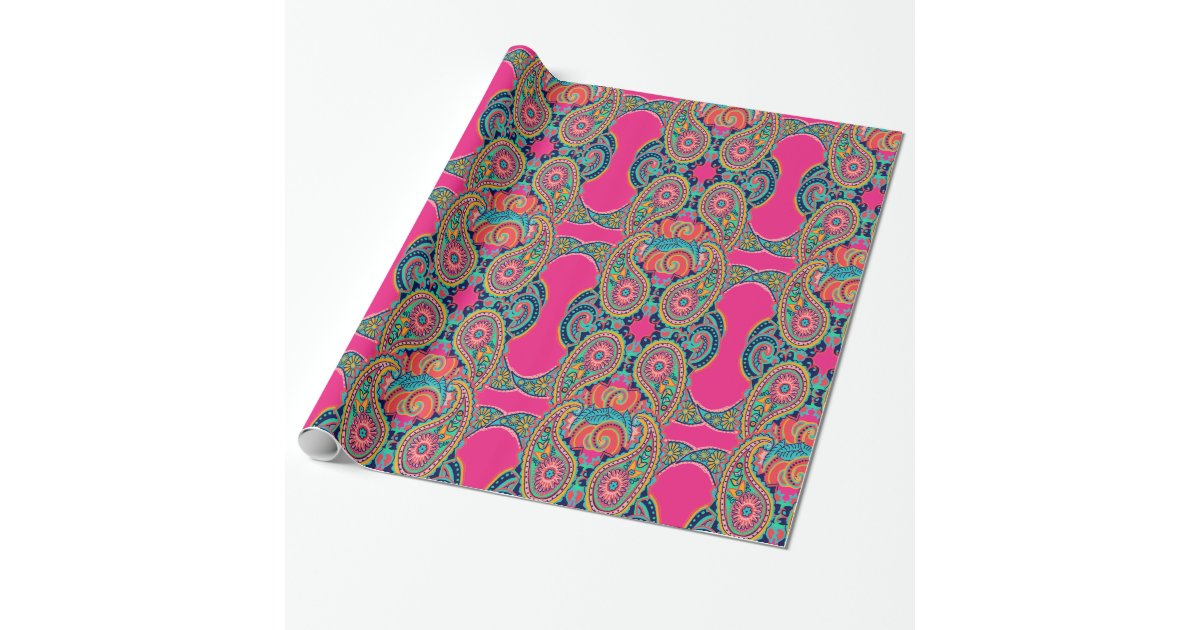 Bright Rainbow Pink Paisley Wrapping Paper | Zazzle