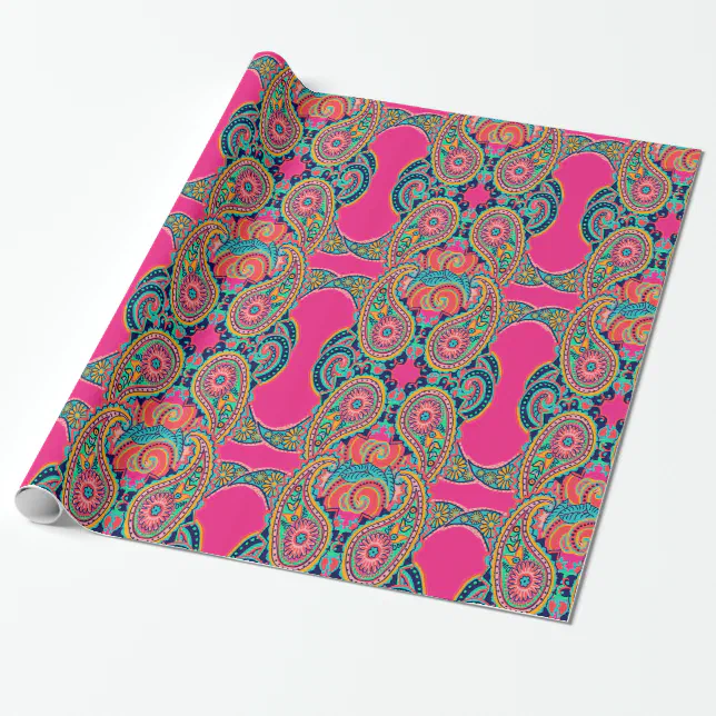 Bright Rainbow Pink Paisley Wrapping Paper | Zazzle