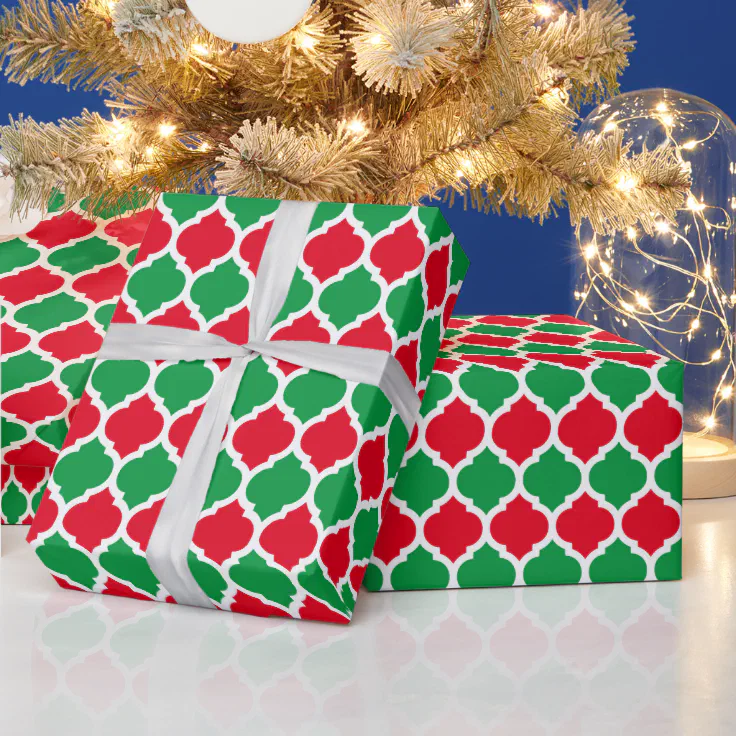 Bright Red and Green Christmas Quatrefoil Wrapping Paper | Zazzle