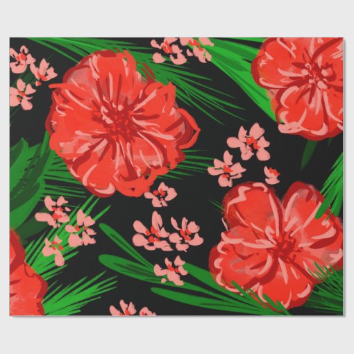 Bright Red Floral Christmas Design Wrapping Paper | Zazzle