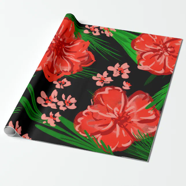 Bright Red Floral Christmas Design Wrapping Paper | Zazzle