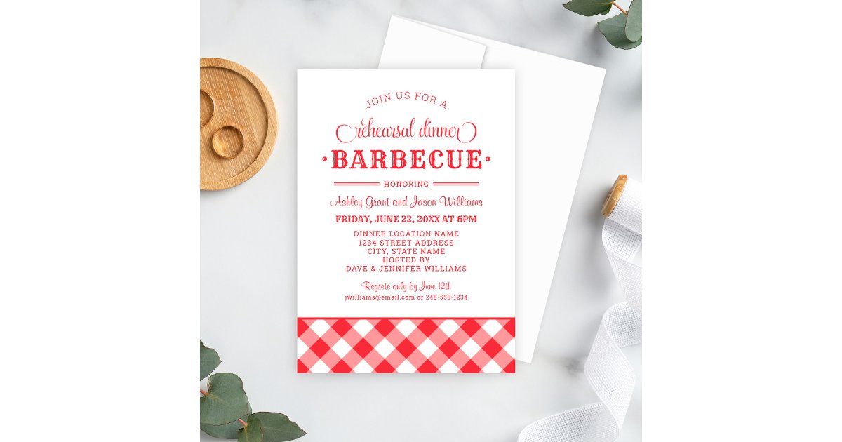 Bright Red Plaid Wedding Rehearsal Dinner Barbecue Invitation | Zazzle