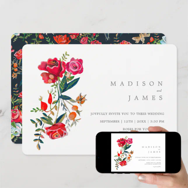Bright red roses floral wedding invitation | Zazzle