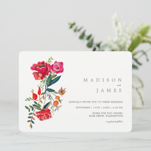 Bright red roses floral wedding invitation | Zazzle