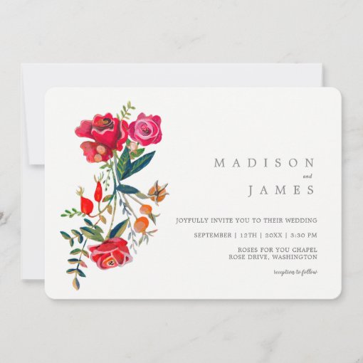 Bright red roses floral wedding invitation | Zazzle