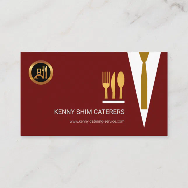 Bright Red Waiter's Suit Gold Cutlery Caterer Business Card | Zazzle