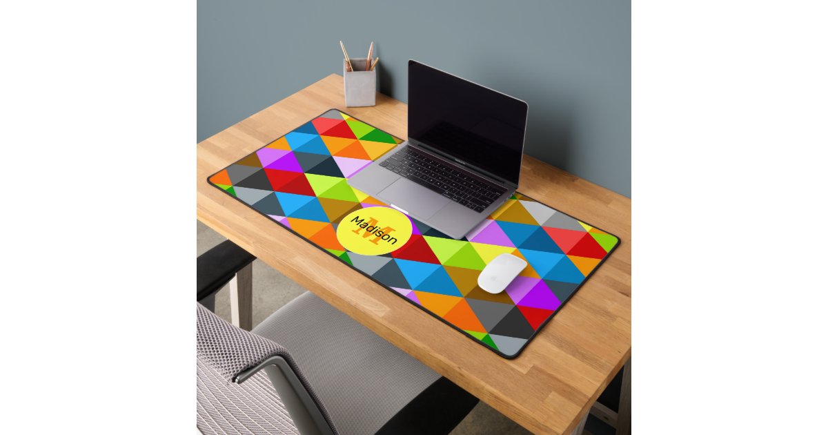 Bright retro colorful triangles pattern Monogram Desk Mat | Zazzle
