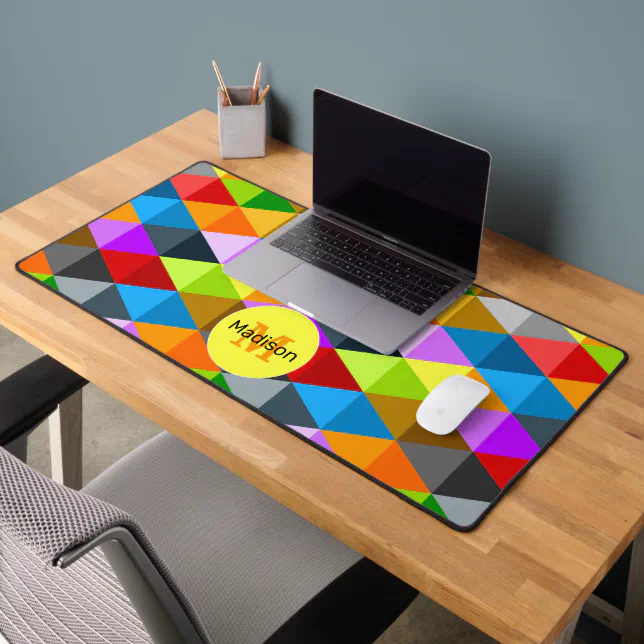 Bright retro colorful triangles pattern Monogram Desk Mat | Zazzle
